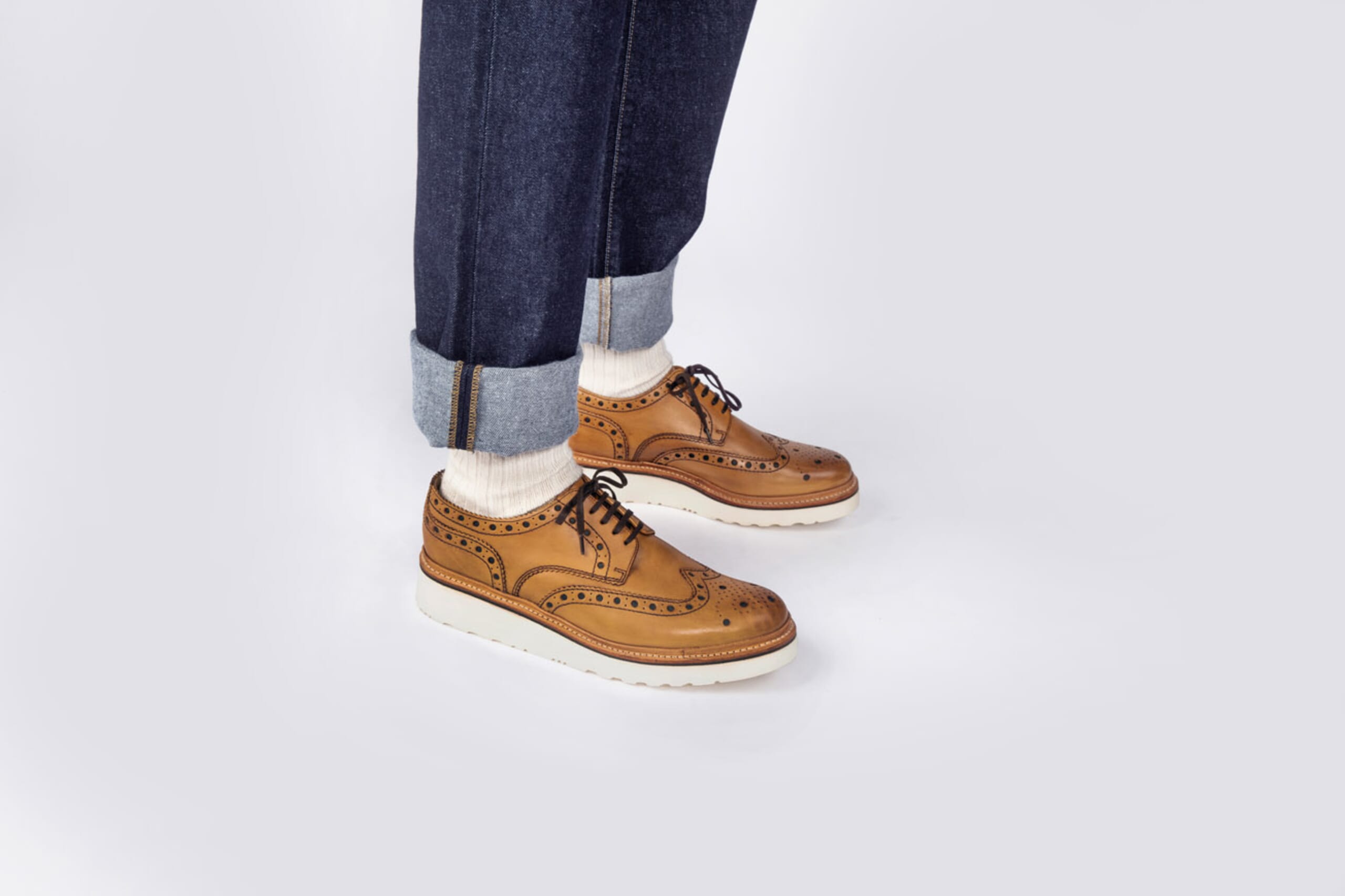 Archie | Mens Gibson Brogue in Tan Calf Leather with a White Wedge Sole ...