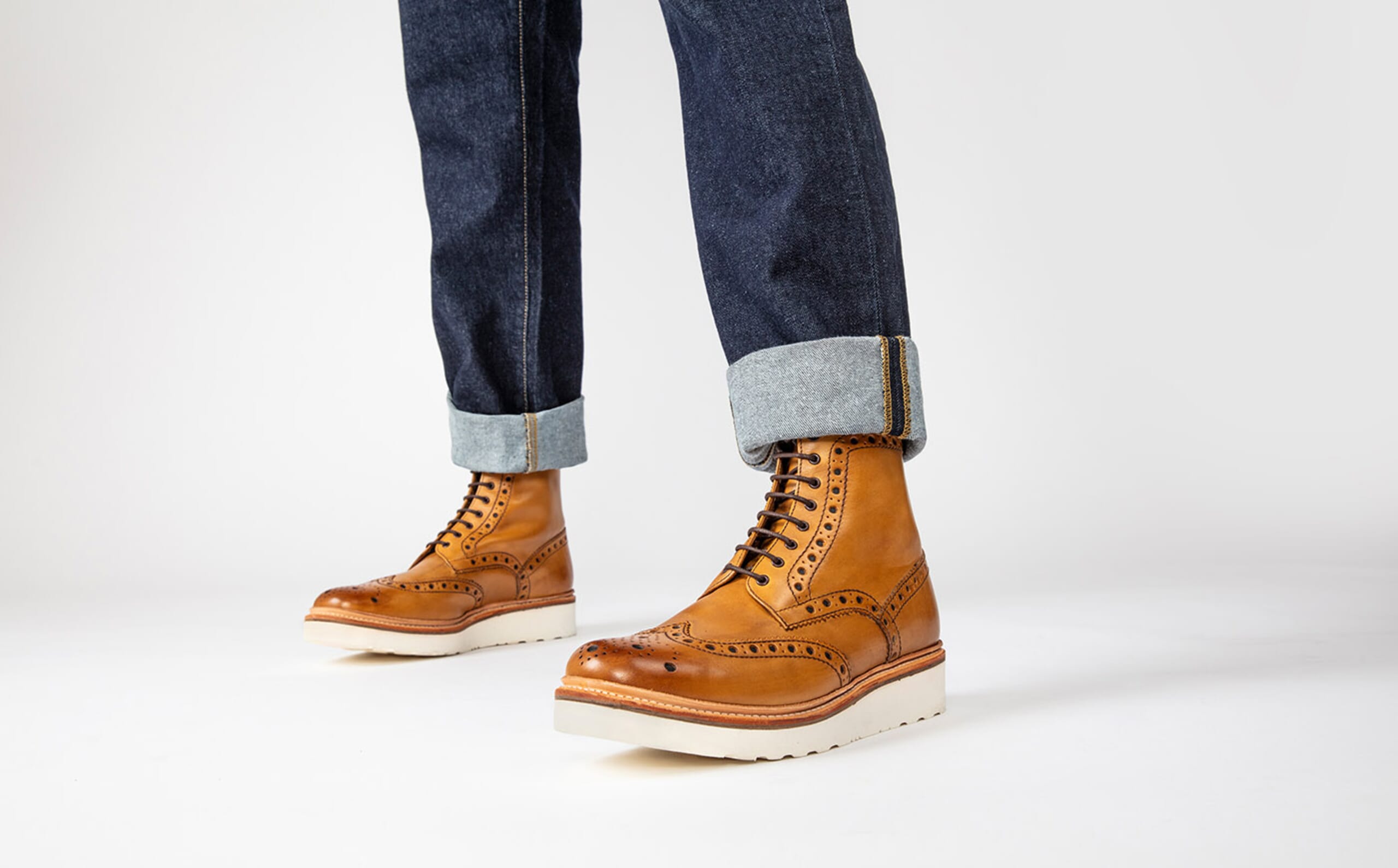Fred | Mens Brogue Boot in Tan Calf Leather with a White Wedge Sole ...