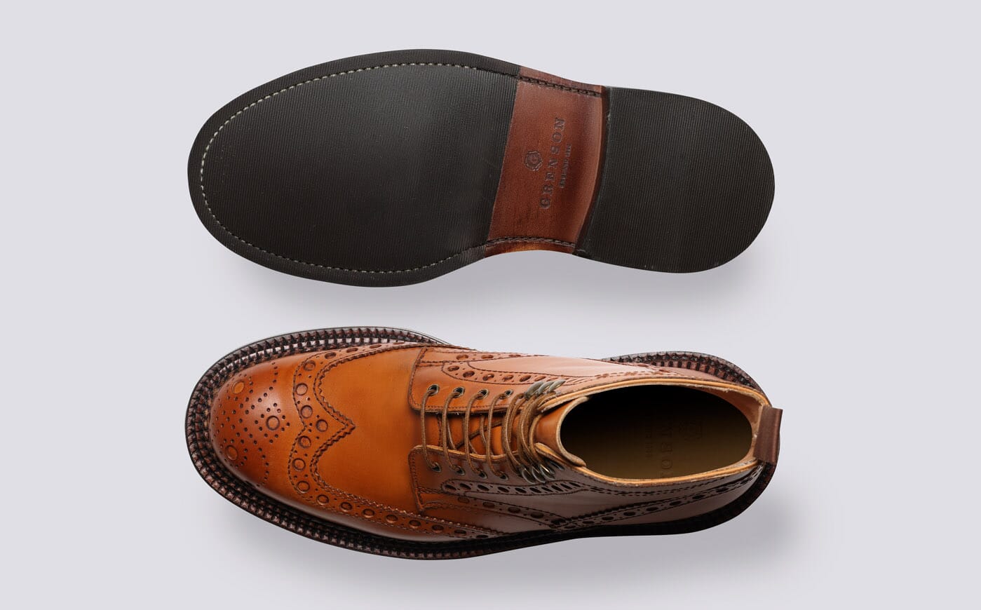 Fred | Mens Triple Welt Brogue Boots in Tan Leather | Grenson