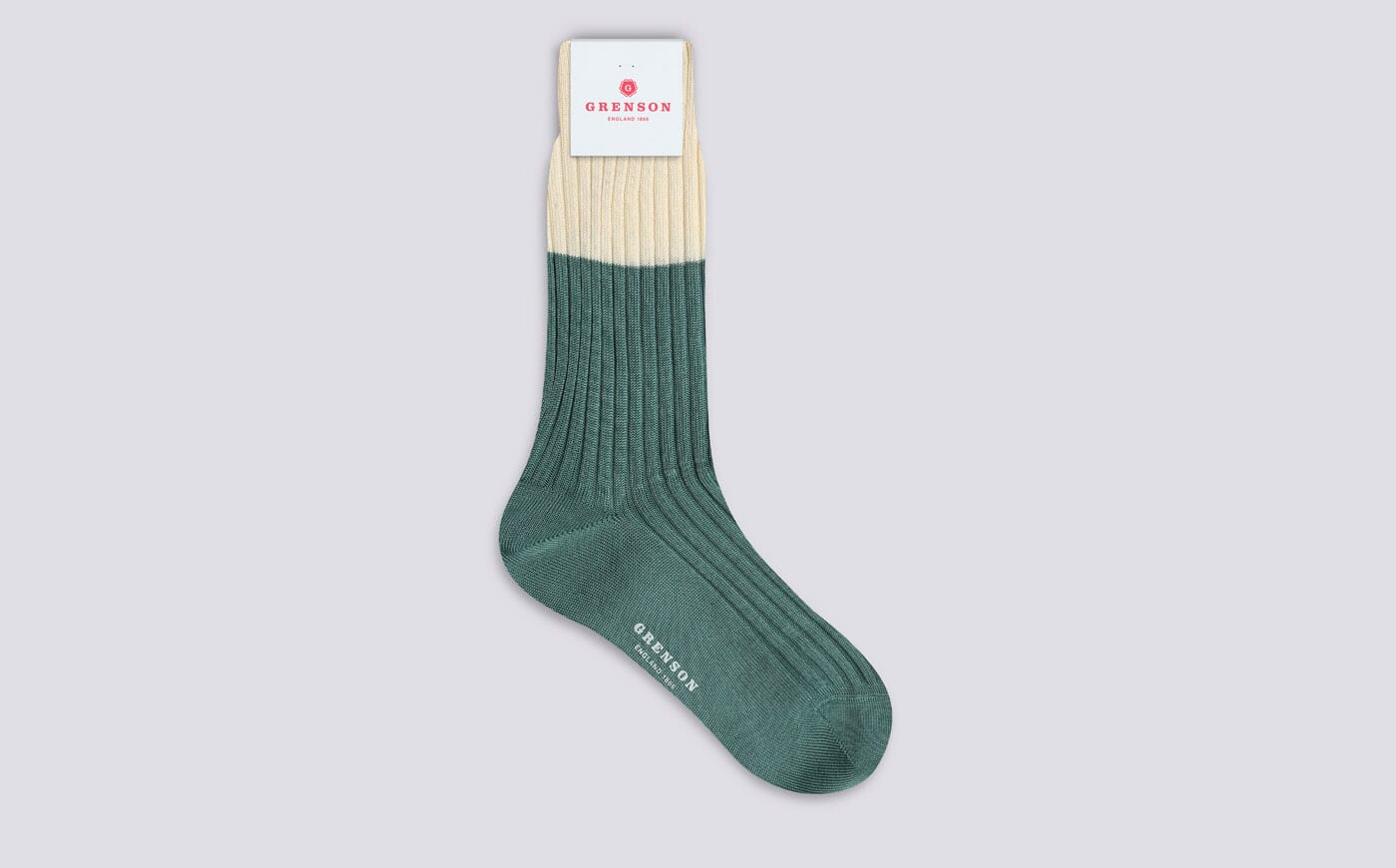 Womens Colour Block Sock | Green and Cream Cotton | Grenson