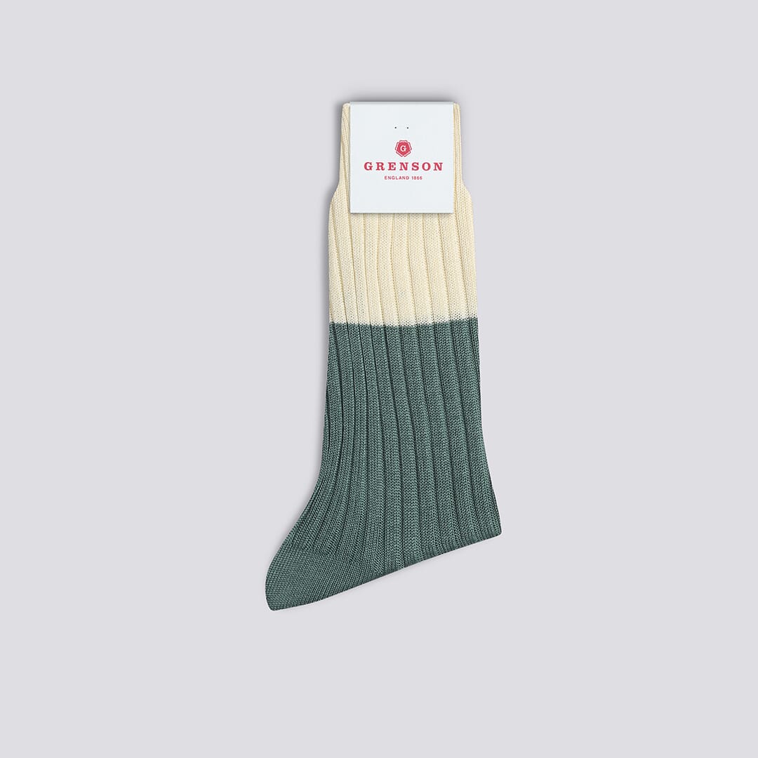 Womens Colour Block Sock | Green and Cream Cotton | Grenson