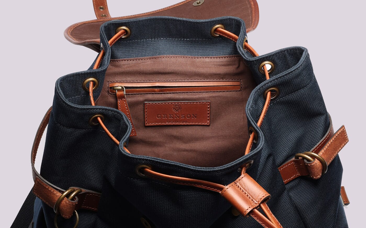 Large Backpack in Navy Canvas and Tan Leather | Grenson