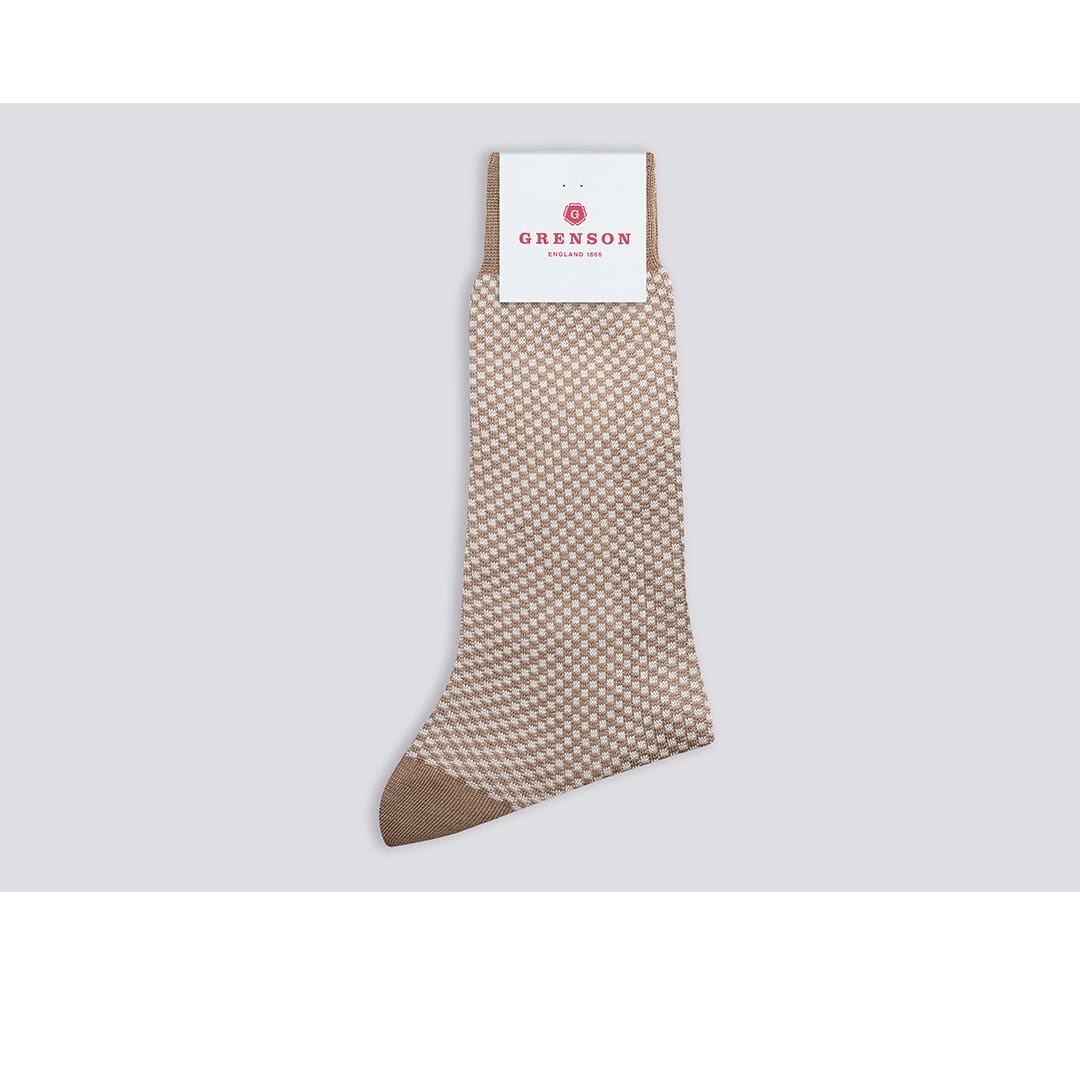 Mens Checker Sock | Brown and Beige Cotton | Grenson