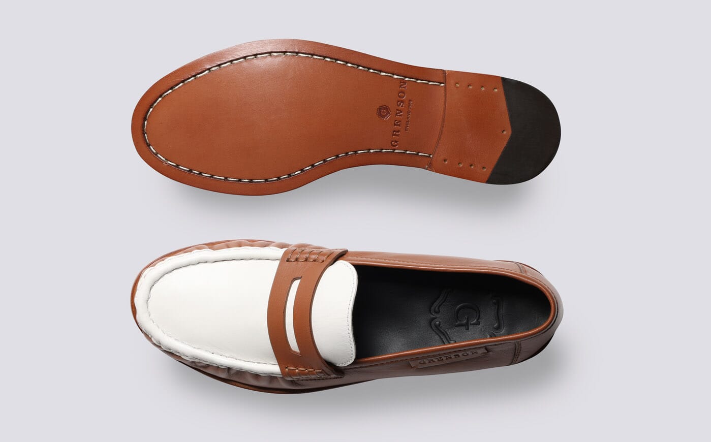 Susanna | Womens Moccasin Loafers in Tan and White | Grenson