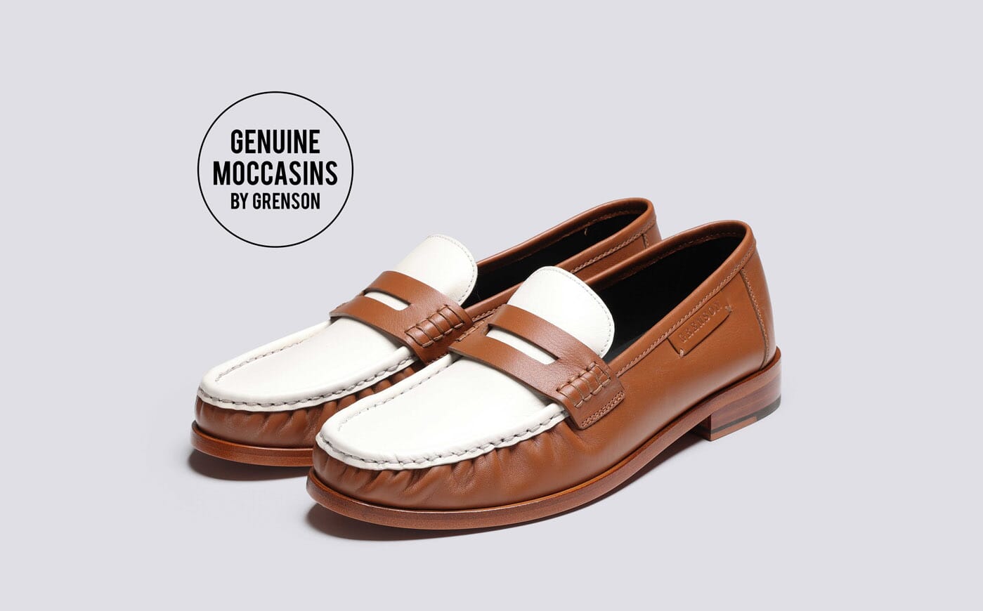 Susanna | Womens Moccasin Loafers in Tan and White | Grenson