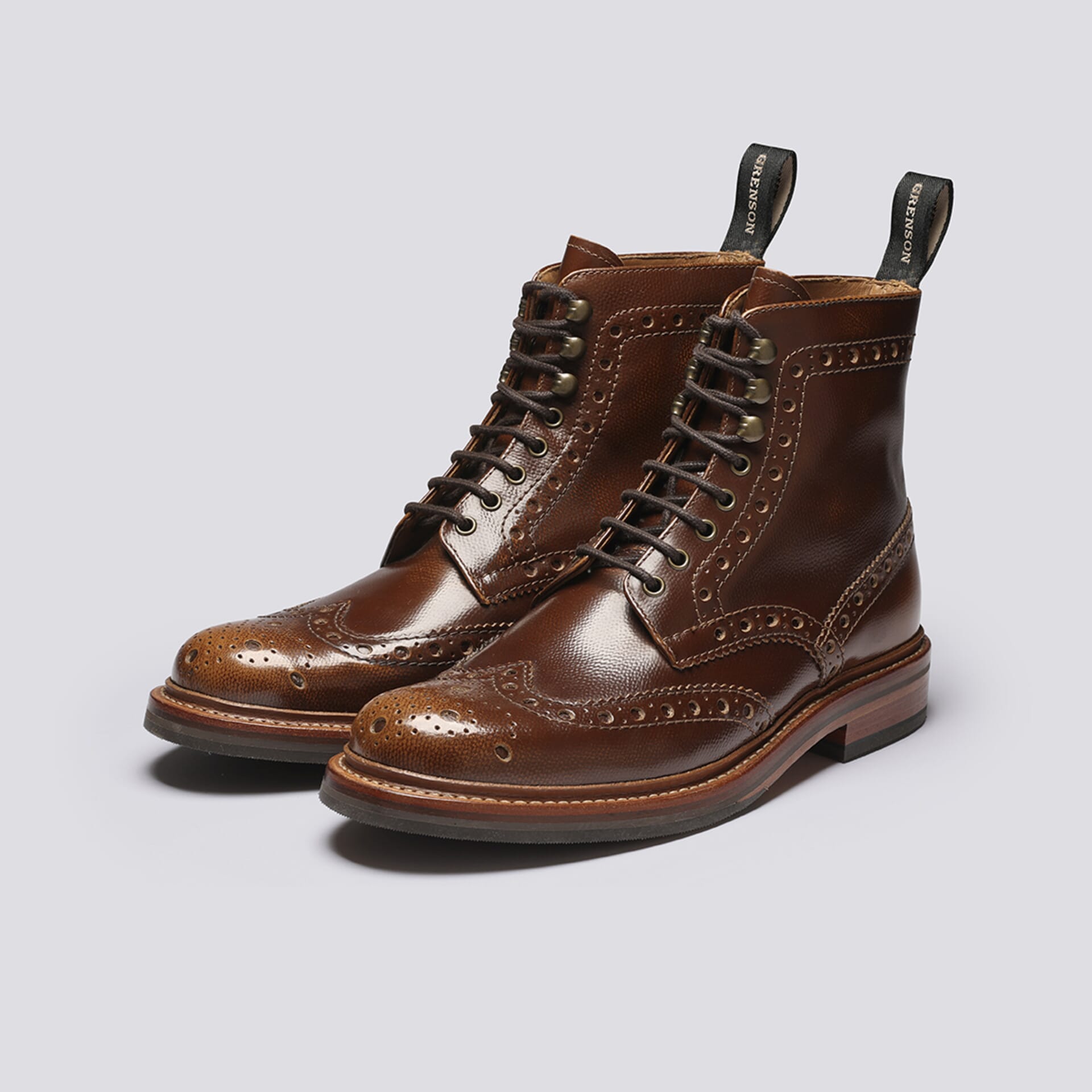 Fred | Mens Brogue Boots in Tan Grain Leather | Grenson