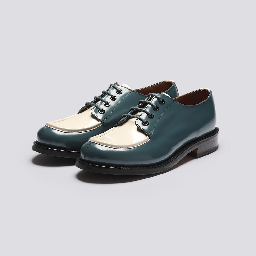 Caitlyn | Womens Derby Shoes in Teal and White Gloss Leather | Grenson