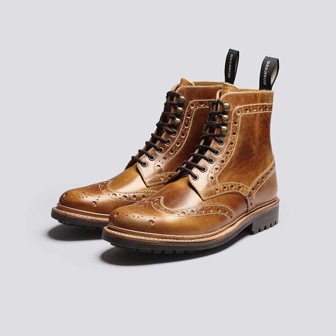 Fred | Mens Brogue Boots in Tan Pull Up Leather | Grenson